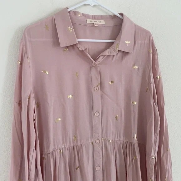Solitaire | Tops | Blush Pink Button Down Top Gold Print Dragon Flys All Around High Low Style ...